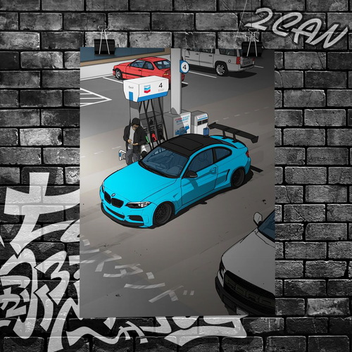 Постер BMW M2 / Bmw / Автомобиль БМВ / Плакат с машиной Бмв на заправке