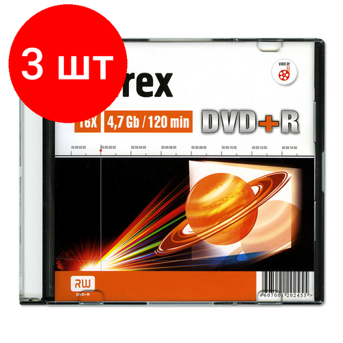 Комплект 3 штук, Носители информации DVD+R, 16x, Mirex, Slim/1, UL130013A1S