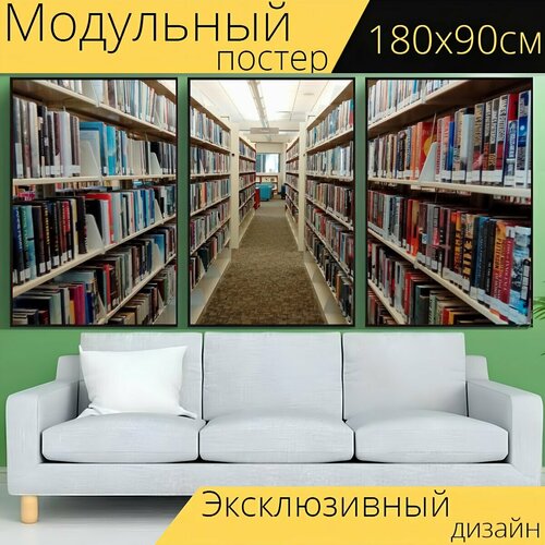 Модульный постер "Библиотека, книги, полки" 180 x 90 см. для интерьера