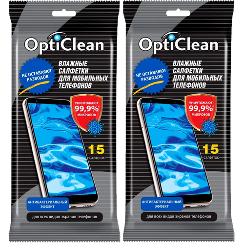 2 Упак. Влажные салфетки для смартфонов мобильных телефонов OptiClean 2 упаковки по 15 салфеток (30 шт.)
