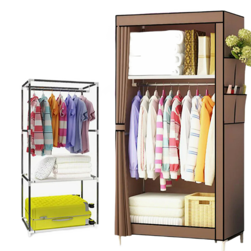 Металлический, складной, коричневый шкаф с чехлом для хранения одежды, белья, обуви, игрушек 70х45х160 см / Каркасный кофейный стеллаж для вещей