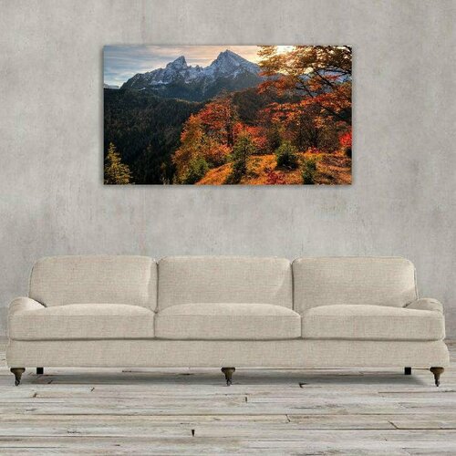 Картина на холсте 60x110 LinxOne "Деревья пейзаж горы осень" интерьерная для дома / на стену / на кухню / с подрамником