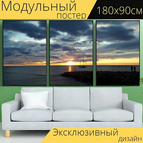 Модульный постер "Восход солнца, пара, море" 180 x 90 см. для интерьера