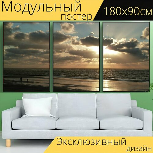 Модульный постер "Вечерняя атмосфера, заход солнца, море" 180 x 90 см. для интерьера