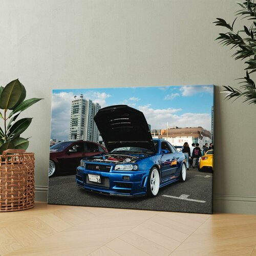 Картина на холсте (Синяя машина с открытым капотом на стоянке) 50x70 см. Интерьерная, на стену.