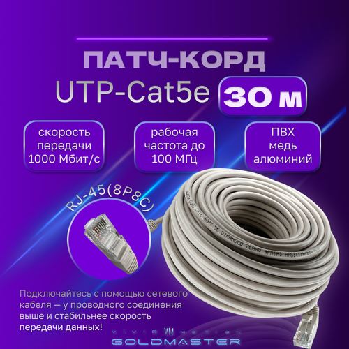 Патч корд 30 м Голд Мастер UTP 5е RJ45 интернет кабель 30 метров LAN сетевой Ethernet патчкорд серый (NA102--30M), контакты blade с позолотой 03FU