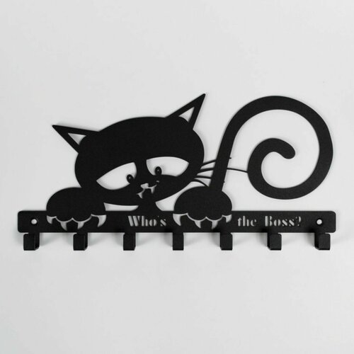 Ключница настенная металлическая "Котенок" с 7 крюч. вешалка интерьерная для дома в прихожую с котом и надписью "Who's the Boss?"