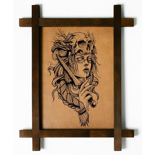 Картина Девушка с кинжалом, гравировка на натуральной коже, интерьерная для украшения и декора на стену в деревянной раме, подарок, BoomGift