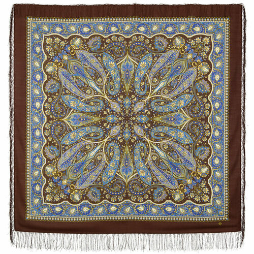 Платок Павловопосадская платочная мануфактура,146х146 см, голубой, коричневый