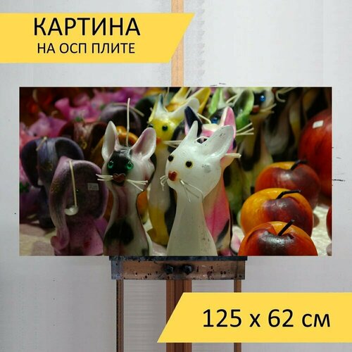 Картина на ОСП 125х62 см. "Свечи, восковые свечи, кошки" горизонтальная, для интерьера, с креплениями