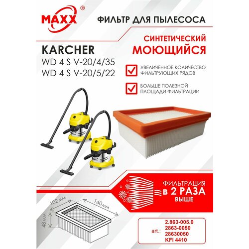 Плоский складчатый фильтр синтетический, моющийся для пылесоса Karcher WD 4 S V-20/4/35, Karcher WD 4 S V-20/5/22 (KFI 4410)