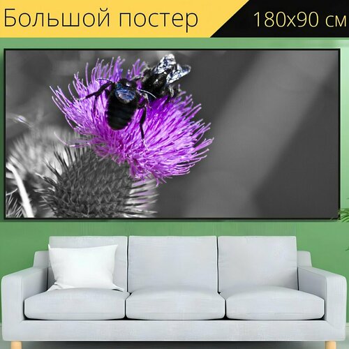 Большой постер "Пчелы, цветок, фиолетовый" 180 x 90 см. для интерьера