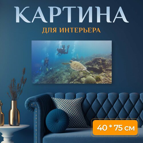 Картина на холсте "Подводное плавание, дайвинг, ныряльщик" на подрамнике 75х40 см. для интерьера