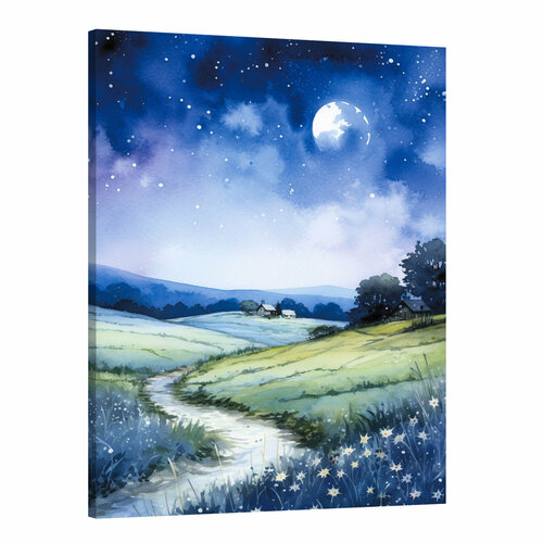 Интерьерная картина 50х70 "Пейзаж с луной и звездами"