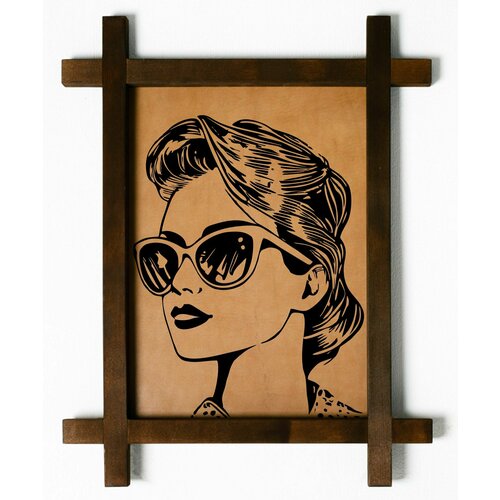 Картина Девушка в солнечных очках на натуральной коже, интерьерная для украшения и декора на стену в деревянной раме, подарок, BoomGift