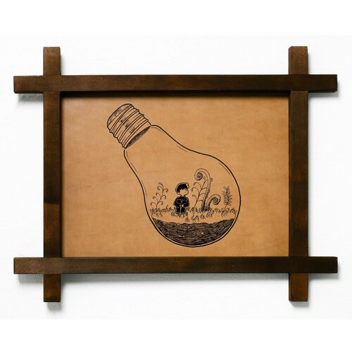 Картина Мальчик в лампочке, гравировка на натуральной коже, интерьерная для украшения и декора на стену в деревянной раме, подарок, BoomGift