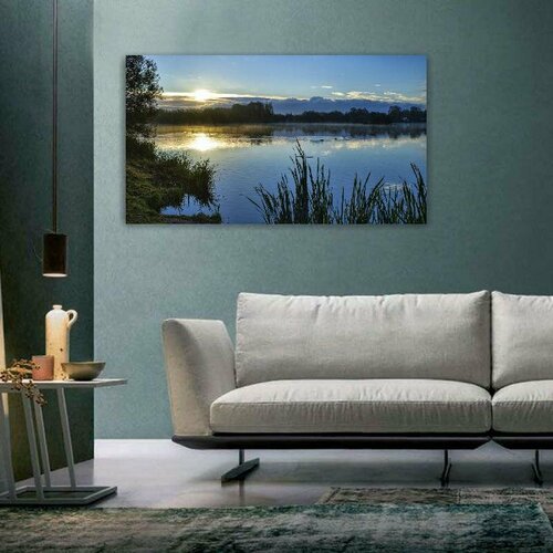 Картина на холсте 60x110 LinxOne "Деревья берег трава солнце" интерьерная для дома / на стену / на кухню / с подрамником