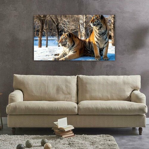 Картина на холсте 60x110 LinxOne "Двое деревья солнце тигры снег" интерьерная для дома / на стену / на кухню / с подрамником