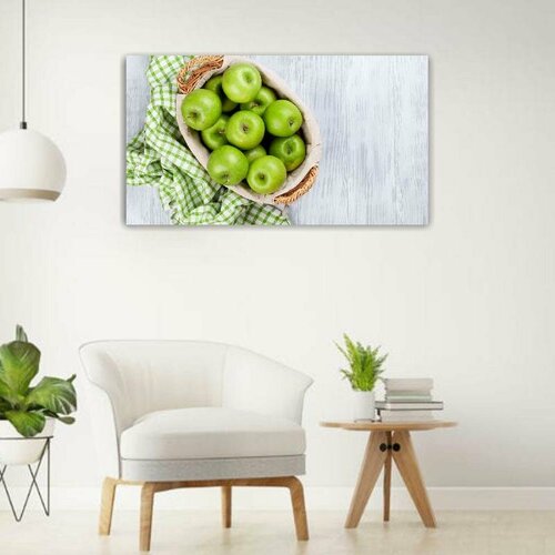 Картина на холсте 60x110 LinxOne "Еда корзинка зеленые фрукты яблоки" интерьерная для дома / на стену / на кухню / с подрамником