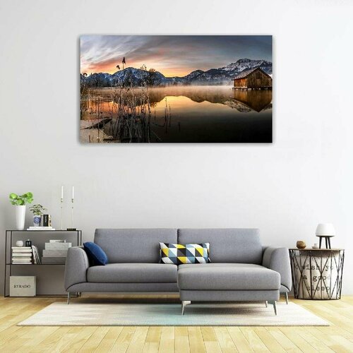 Картина на холсте 60x110 LinxOne "Горы озеро туман" интерьерная для дома / на стену / на кухню / с подрамником
