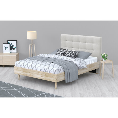 Двуспальная кровать альмена 160х200, с мягким изголовьем, белый-сосна, шенилл, массив дерева, на ножках