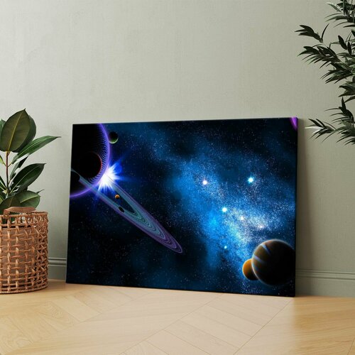 Картина на холсте (Космическая сцена с планетами и звездами) 50x70 см. Интерьерная, на стену.