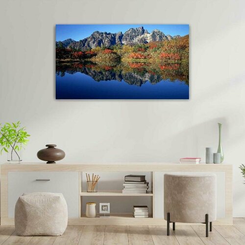 Картина на холсте 60x110 LinxOne "Горы кусты озеро осень отражение" интерьерная для дома / на стену / на кухню / с подрамником