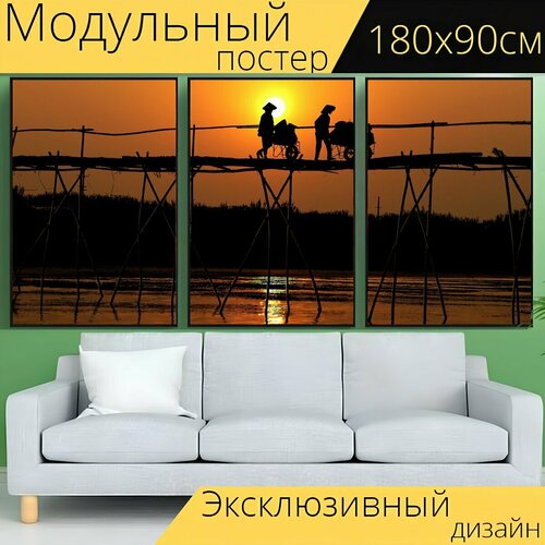 Модульный постер "Заход солнца, азия, мост" 180 x 90 см. для интерьера