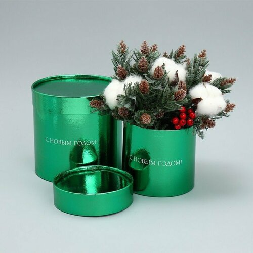 Набор коробок 2в1 круглые «С Новым годом!», зелёный металлик, 12 х 12, 15 х 15 см (комплект из 3 шт)