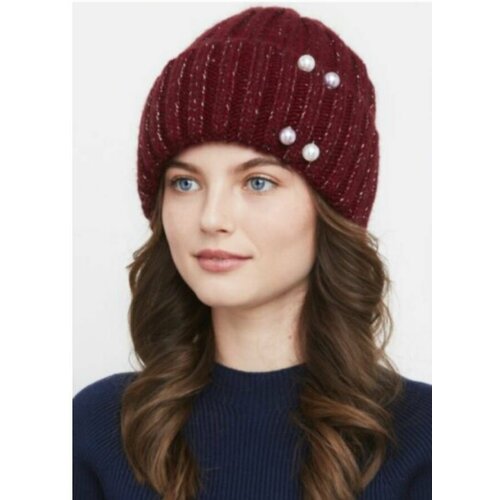 Шапка бини  шапка женская вязанная, размер 56/58, бордовый
