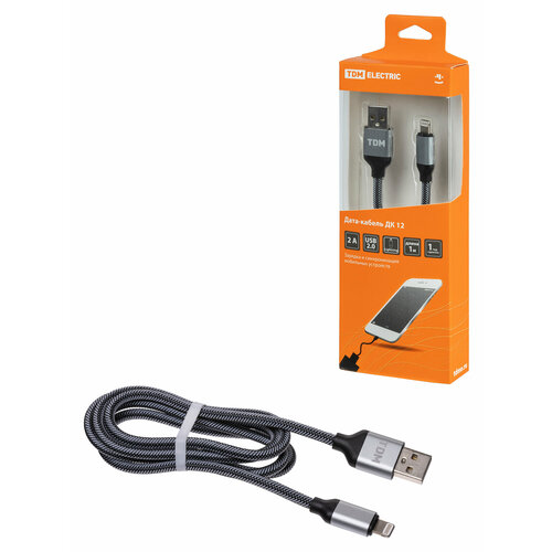 Дата-кабель, ДК 12, USB - Lightning, 1 м, тканевая оплетка, серый, TDM