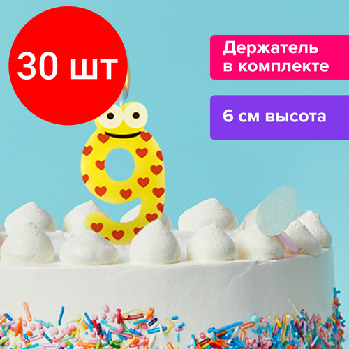 Комплект 30 шт, Свеча-цифра для торта "9" "С глазками", 6 см, золотая сказка, с держателем, в блистере, 591412