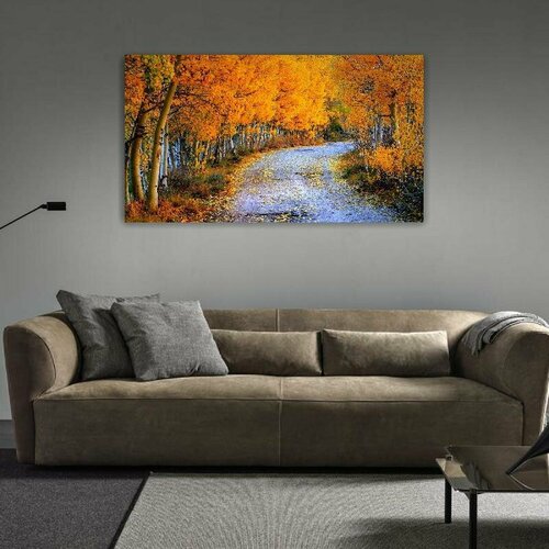 Картина на холсте 60x110 LinxOne "Деревья дорога осень листья" интерьерная для дома / на стену / на кухню / с подрамником