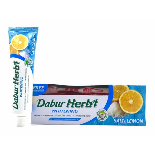 Зубная паста Dabur Herb'l отбеливающая / с лимоном и солью, 150 г (зубная щетка в подарок)