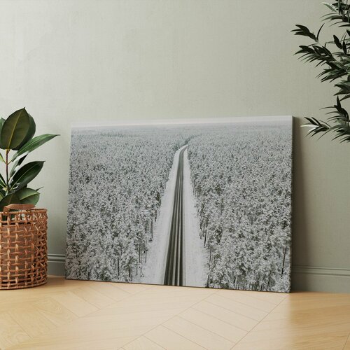 Картина на холсте "Дорога посреди заснеженного леса" 80x100 см. Интерьерная, на стену.
