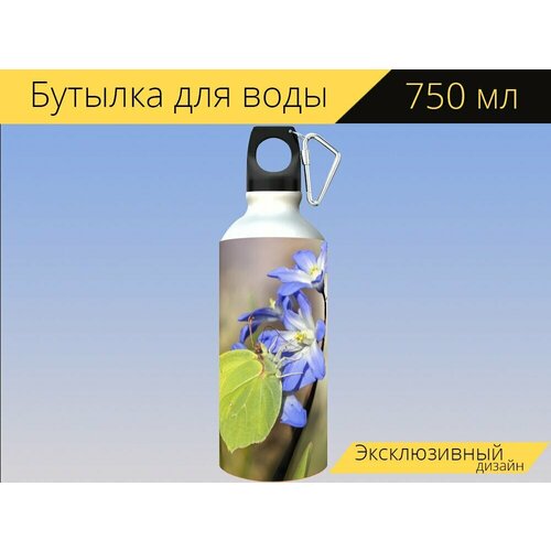 Бутылка фляга для воды "Бабочка, синие цветы, опылять" 750 мл. с карабином и принтом