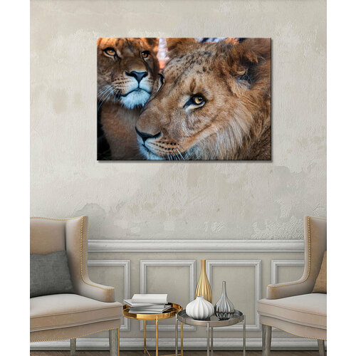Картина - Лев, лев царь зверей, лев и львица, пара львов, львы любовь (57) 40х60