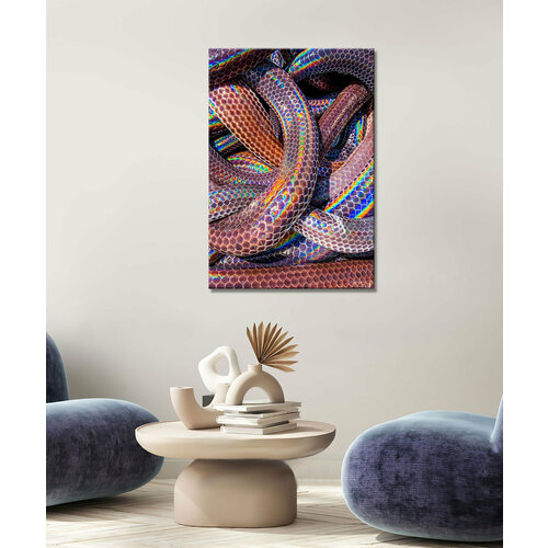 Картина - змея, лучистая змея, разноцветная чешуя, змеи на солнце (46) 20х30