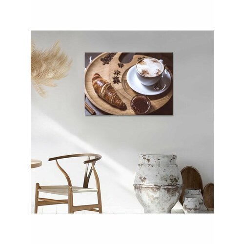 Картина на холсте с подрамником Кофе с корицей и круассан 20х30