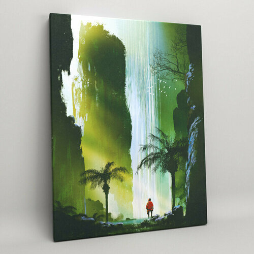 Картина на холсте (интерьерный постер) "Водопад в тропиках", с деревянным подрамником, размер 22x30 см