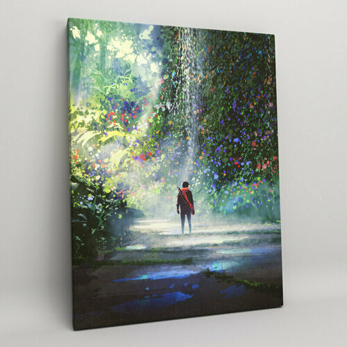 Картина на холсте (интерьерный постер) "Путешественник, идущий в красивом лесу", с деревянным подрамником, размер 45x60 см