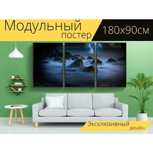 Модульный постер "Молнии, океан, ночь" 180 x 90 см. для интерьера