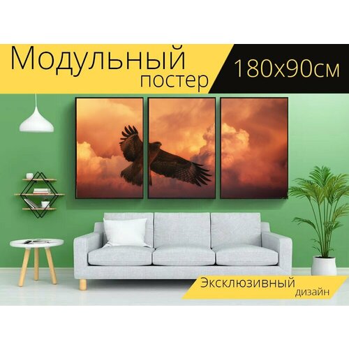 Модульный постер "Заход солнца, птица, большой ястреб" 180 x 90 см. для интерьера