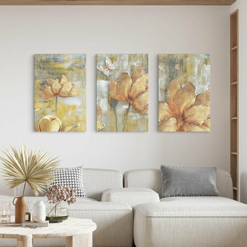 Картины для интерьера "Золотые цветы", картины на холсте с подрамниками 60х40 3 шт.