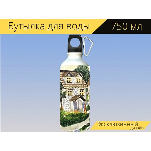 Бутылка фляга для воды "Ручная роспись глины, старая деревня, коттедж" 750 мл. с карабином и принтом