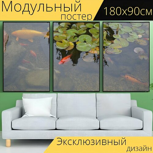 Модульный постер "Рыба, озеро, кувшинки" 180 x 90 см. для интерьера