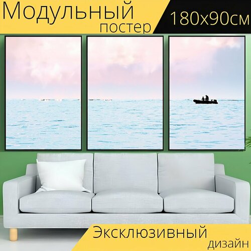 Модульный постер "Силуэт, лодка, море" 180 x 90 см. для интерьера