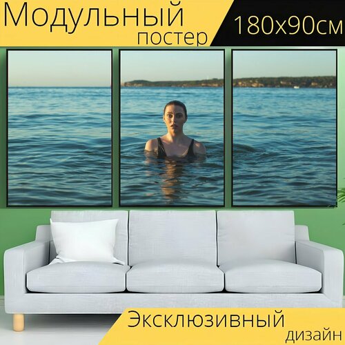 Модульный постер "Женщина, модель, море" 180 x 90 см. для интерьера