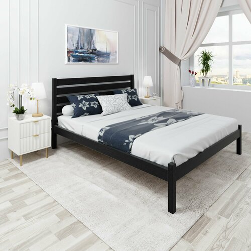 Кровать двуспальная Классика из массива сосны с высокой спинкой и сплошным основанием, 190х160 см (габариты 200х170), цвет черный оникс