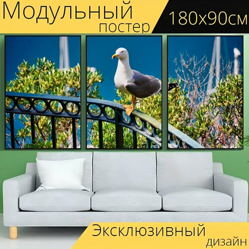 Модульный постер "Чайка, птица, море" 180 x 90 см. для интерьера
